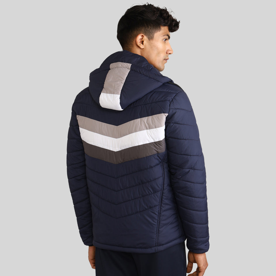 Mens Winter Bomber Jacket with Detachable Cap - Blue/White – Boldfit